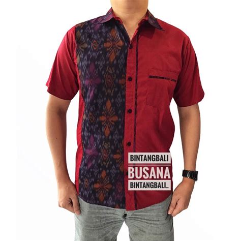 Jual Kemeja Endek Pria Kombinasi Katun Merah Lengan Pendek Dewasa