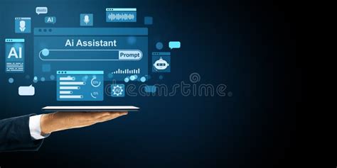 Ai Assistant Interface On Tablet With Icons On Dark Background Stock
