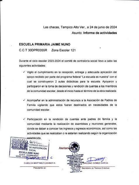 Informe De Actividades Del Comite De Contraloria Social Pdf