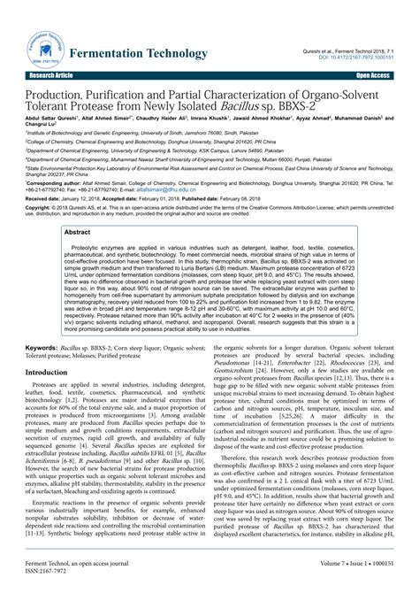Pdf Production Purification And Partial Characterization Of Organo Solvent Tolerant Protease