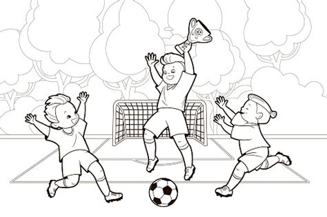 색칠 공부 축구 스포츠 십대 소년은 축구장을 배경으로 챔피언십 컵을 들고 기뻐합니다 만화 스타일의 벡터 일러스트레이션 흑백 선 아트 소년에 대한 스톡 벡터 아트 및 기타