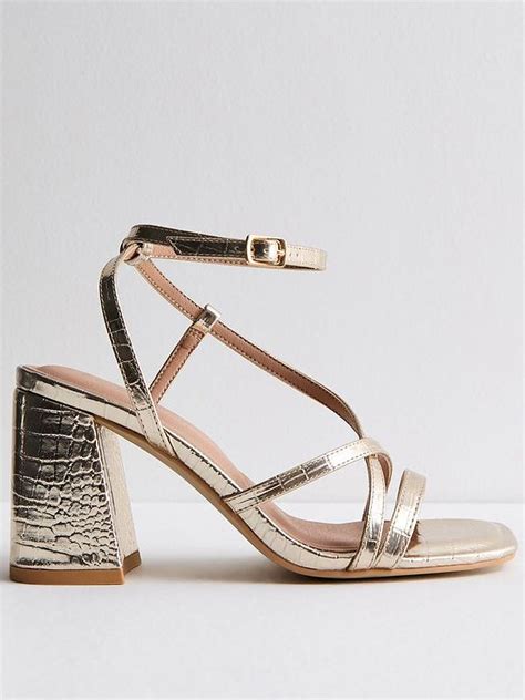 New Look Wide Fit Gold Faux Croc Multi Strap Block Heel Sandals Very