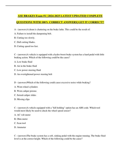 Ase Brakes Exam 1 Latest Updated Complete Questions With 100 Correct Answers Get It
