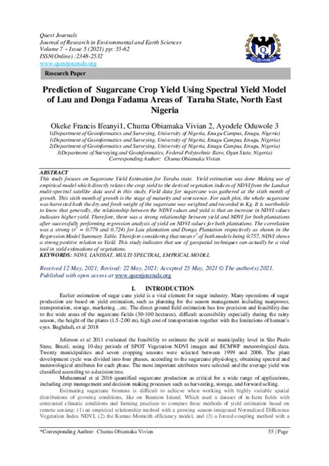 Pdf Prediction Of Sugarcane Crop Yield Using Spectral Yield Model Of Lau And Donga Fadama