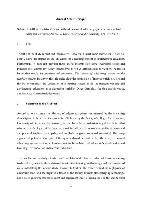 Critique Of Journal Article On E Learning In Architectural Education