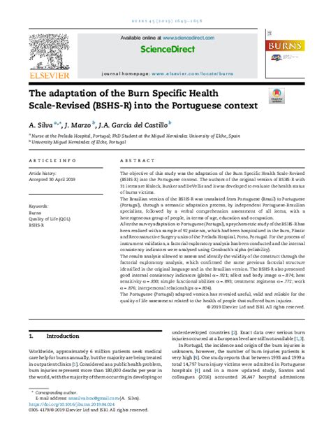 Pdf The Adaptation Of The Burn Specific Health Scale Revised Bshs R