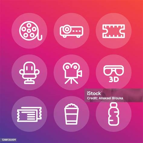 시네마 라인 아이콘 세트 필름 릴 프로젝터 3d 영화 티켓 좌석 팝콘 버킷 벡터 일러스트 0명에 대한 스톡 벡터 아트 및 기타 이미지 Istock
