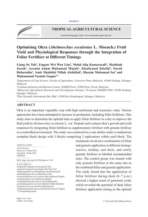 Pdf Optimising Okra Abelmoschus Esculentus L Moench Fruit Yield And Physiological