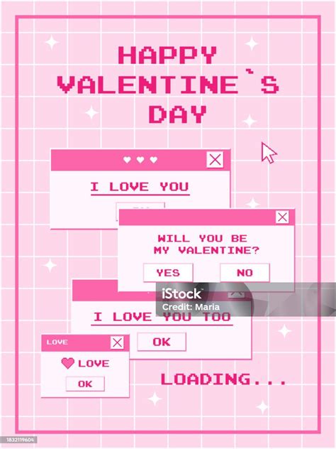 2000년대 스타일의 발렌타인 데이 포스터입니다 90 년대 00 년대 디자인 스타일 팝업 메시지 상자 귀여운에 대한 스톡 벡터 아트 및 기타 이미지 Istock