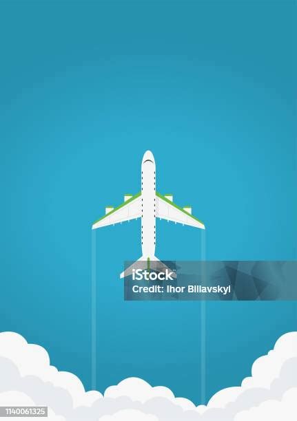 飛機在空中視圖中在雲霧中的藍天中飛翔飛機看法從上面隔絕簡單的範本或橫幅設計與文本的位置平樣式現實向量例證向量圖形及更多上部圖片 Istock