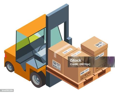 골판지 상자를 운반하는 지게차 로지스틱 아이소메트릭 아이콘 개념에 대한 스톡 벡터 아트 및 기타 이미지 개념 건설 기계류 건설 산업 Istock