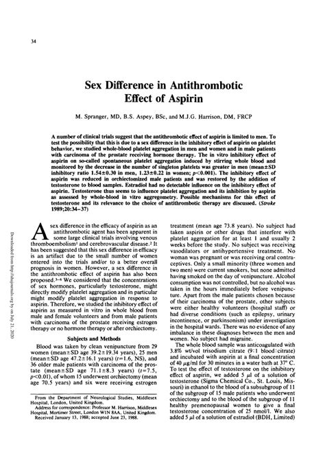 PDF Sex Difference In Antithrombotic Effect Of Aspirin