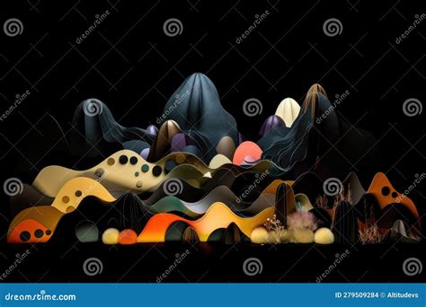 Abstract And Surreal Landscape With Floating Shapes And Colors Against Black Background Stock