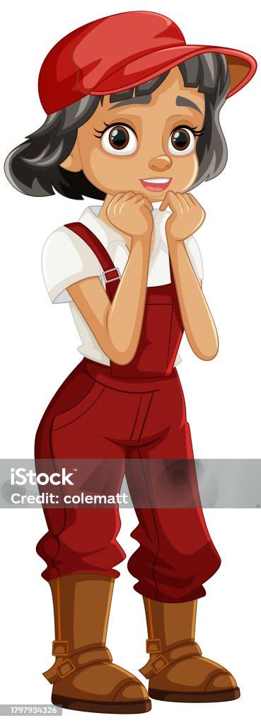 Shy Farmer Girl In Red Overalls Stock Illustration Download Image Now
