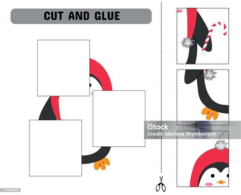 자르고 붙입니다 크리스마스 펭귄과 함께하는 아이들을 위한 교육용 게임 미취학 아동 유치원을 위한 응용 프로그램 인쇄 가능한 시트 벡터란 겨울에 대한 스톡 벡터 아트 및 기타