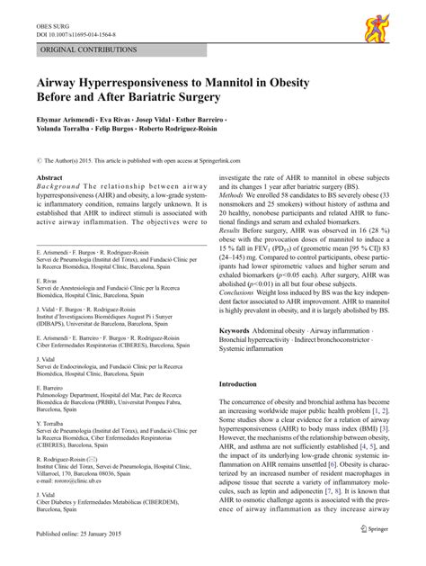 Pdf Airway Hyperresponsiveness To Mannitol In Obesity Before And After Bariatric Surgery
