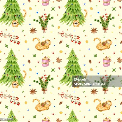 공과 호랑이를 재생 수채화 화환의 크리스마스 트리 호랑이와 선물과 원활한 수채화 패턴 크리스마스 새해 2022 12월에 대한 스톡 벡터 아트 및 기타 이미지 Istock