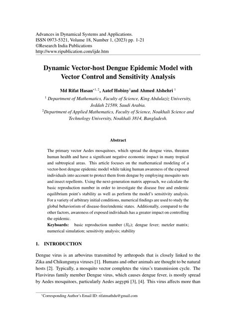 Pdf Dynamic Vector Host Dengue Epidemic Model With Vector Control And