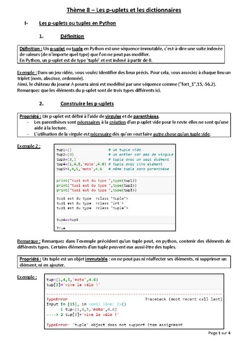 Td8 Cours Thème 8 Les P Uplets Et Les Dictionnaires I Les P
