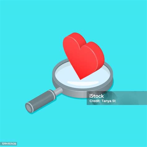 돋보기로 심장 아이소메트릭 그림 심장 벡터 일러스트 레이 션을 검색 합니다 데이트 개념 돋보기 광학 기기에 대한 스톡 벡터 아트