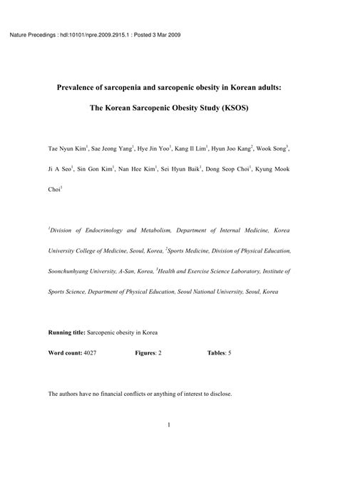 Pdf Prevalence Of Sarcopenia And Sarcopenic Obesity In Korean Adults
