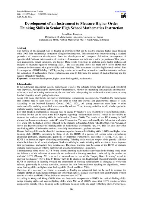 Pdf Development Of An Instrument To Measure Higher Order Thinking Skills In Senior High School