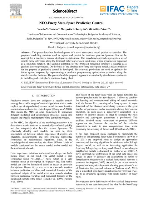 Pdf Neo Fuzzy State Space Predictive Control