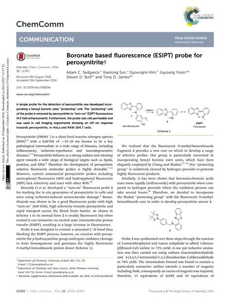 Pdf Boronate Based Fluorescence Esipt Probe For Peroxynitrite