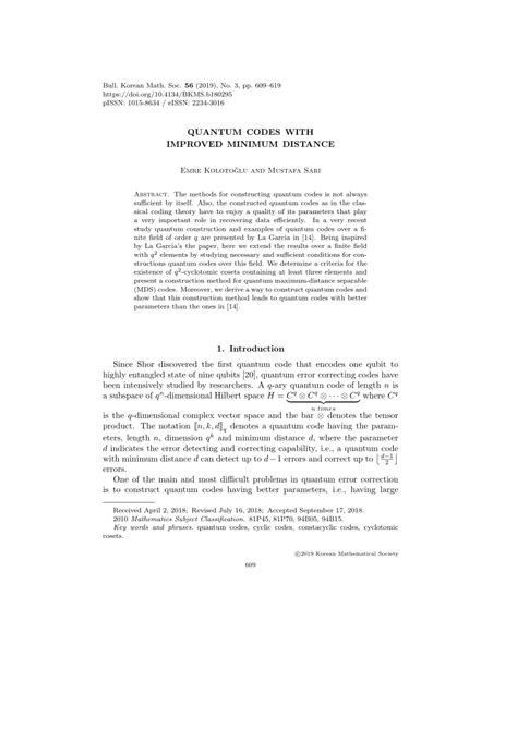 Pdf Quantum Codes With Improved Minimum Distance