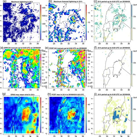 model and observed data sets of lightning precipitation and mean wind