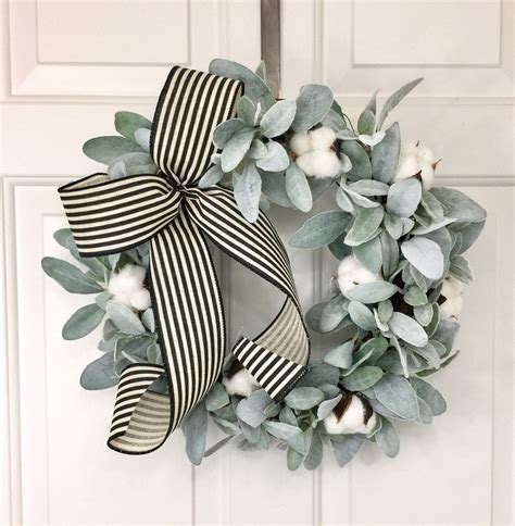 Lambs Ear Wreath Farmhouse Lambs Ear And Cotton Wreath Small Etsy
