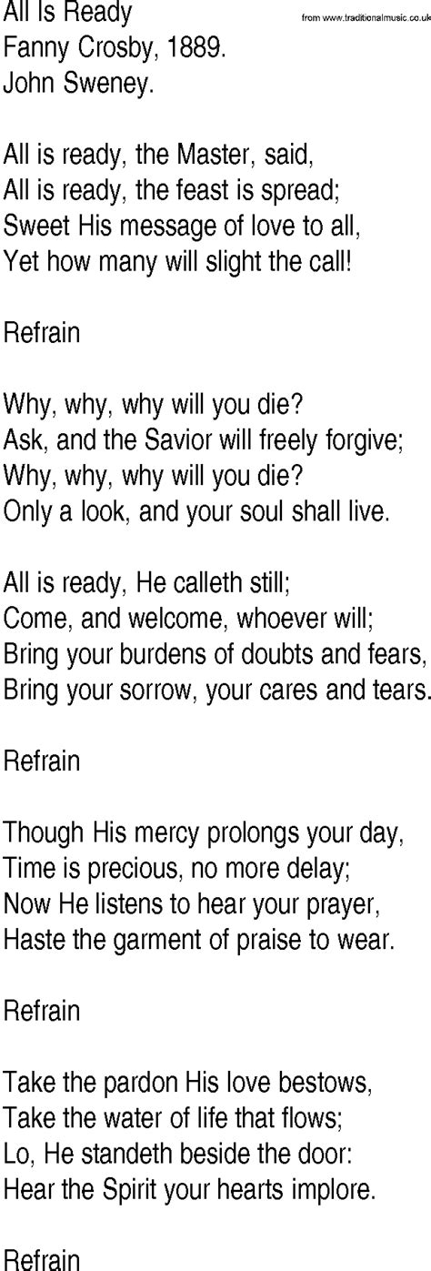Hymn And Gospel Song Lyrics For All Is Ready By Fanny Crosby