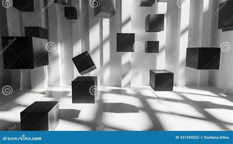 Floating Cubes In Minimalist 3d Geometric Design With Sharp Shadows Monochrome Color Scheme