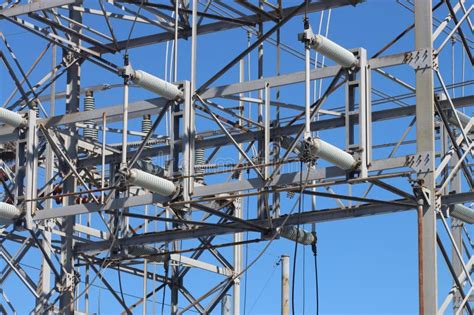Steel Electrical Power Grid Under A Bright Blue Sky Stock Image Image