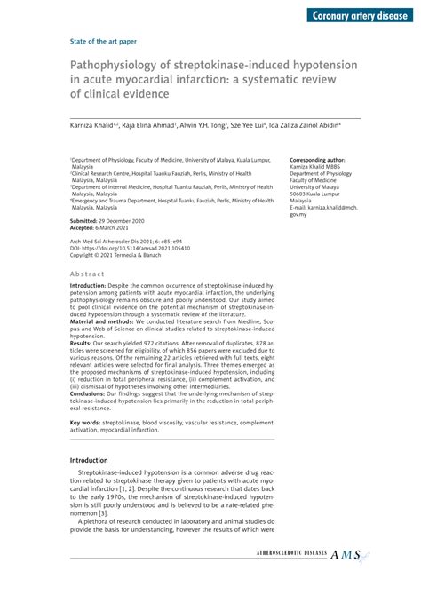 Pdf Pathophysiology Of Streptokinase Induced Hypotension In Acute
