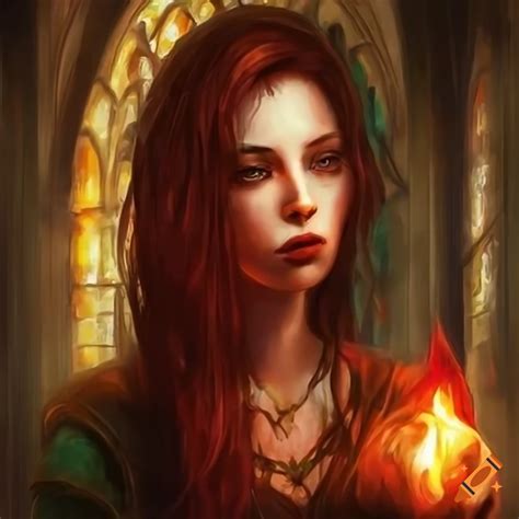 Female Fantasy Character With Fiery Red Hair In A Medieval Chapel With
