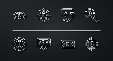 회로 암호 화폐 돋보기 비트 코인 블록 체인 기술 Cpu 마이닝 팜 및 지갑 아이콘에 비트 코인을 설정하십시오 벡터 0명에 대한 스톡 벡터 아트 및 기타 이미지 Istock