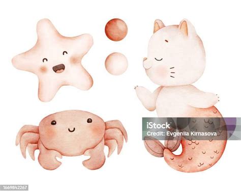 수채화 아기 삽화 고양이 인어 불가사리 게 거품 세트 손으로 그린 어린이 디자인입니다 인쇄물 포스터 Sticers 직물에 적합 갈고리 발톱에 대한 스톡 벡터 아트 및 기타