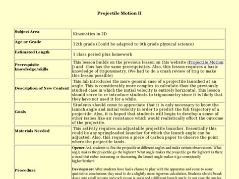 Projectile Motion Ii Lesson Plan For 9th 12th Grade Lesson Planet