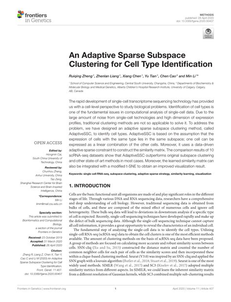 Pdf An Adaptive Sparse Subspace Clustering For Cell Type Identification