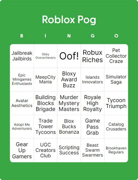 Roblox Bingo Card🍅 Descubra O Poder Da Local Em Que Ocorrem Jogos De Azar