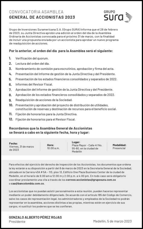 Complemento Convocatoria Asamblea General De Accionistas Grupo Sura
