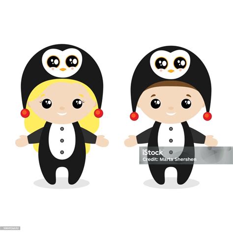 펭귄 의상입니다 귀여운 아이 착용 크리스마스 의상 크리스마스 문자 집합입니다 벡터 일러스트 레이 션 겨울에 대한 스톡 벡터 아트