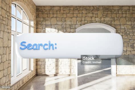 아치형 창문과 미니멀한 인테리어 거실 디자인이 있는 호화로운 로프트 아파트에 서 있는 공중에 떠 있는 검색 상자 텍스트 3d 일러스트레이션 0명에 대한 스톡 사진 및 기타