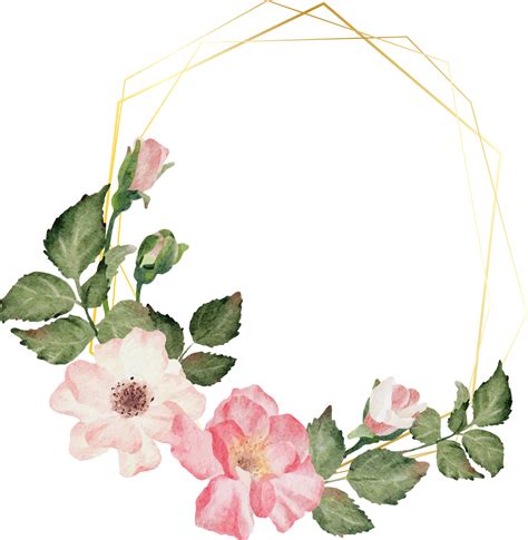 aquarela florescendo ramo de rosa flor buquê grinalda distintivo moldura de ouro PNG