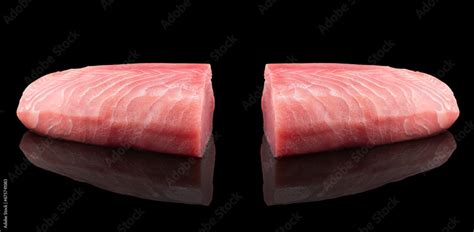 Yellow Fin Tuna Steak Isolated On Black Background Fresh Rare Tuna