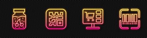 컴퓨터 잼 항아리 Qr 코드 및 스캐너 스캐닝 바에 라인 쇼핑 카트를 설정합니다 빛나는 네온 아이콘 벡터 Qr코드에 대한 스톡