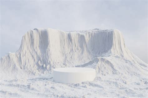 3d 렌더링 겨울 플랫폼 및 사실적인 자연 배경 얼음 눈 산의 눈 연단 제품 스탠드 디스플레이 광고 모형 등을 위한 배경 하늘