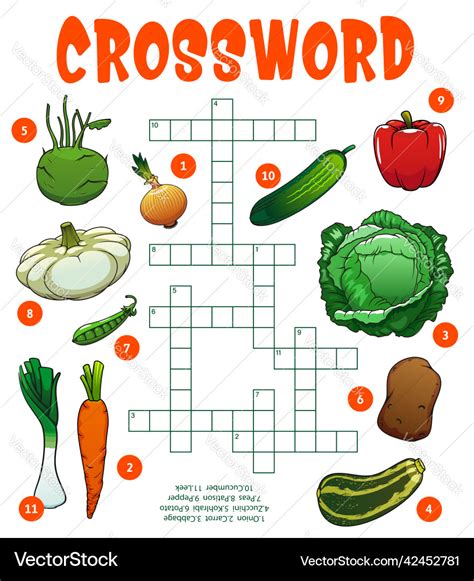 Raw Farm Vegetables Crossword Puzzle Worksheet Vector Image