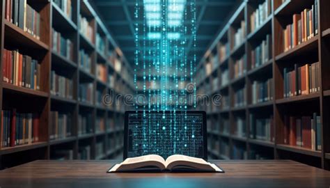 Futuristic Library Scene Open Book On Table With Glowing Binary Code Displayed On Laptop